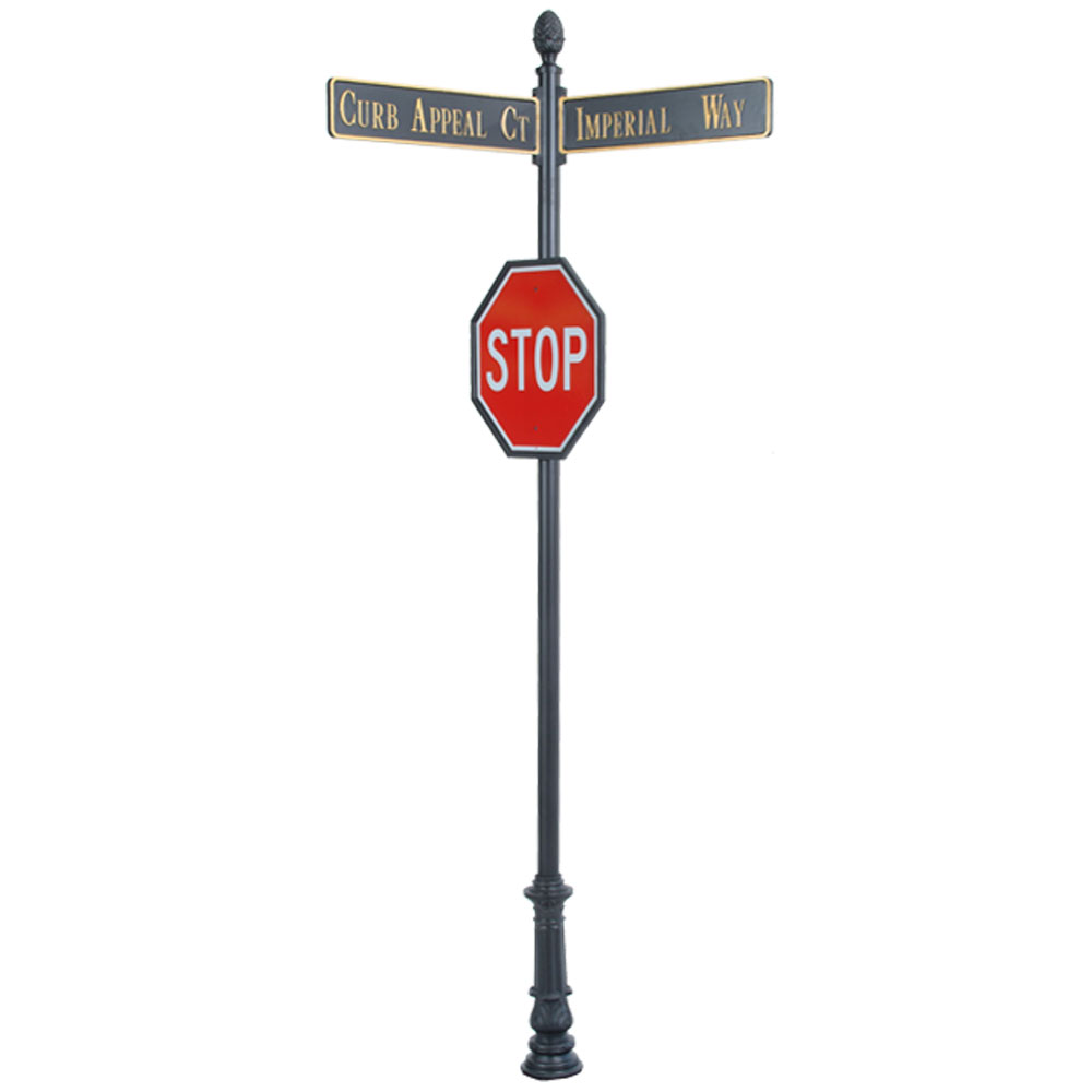 Century Round Post Street Sign with Blades and Stop Sign